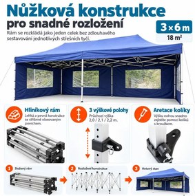 Nůžkový párty stan 3 × 6 m s bočními stěnami, modrý