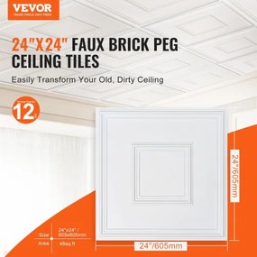 Stropní dlaždice 12-balení 24 × 24 V PVC Snadná instalace Bílá geometrická