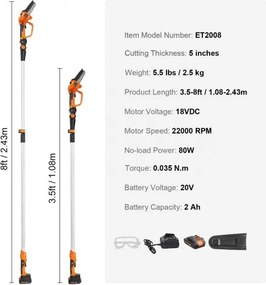 2-v-1 akumulátorová tyčová pila a mini řetězová pila, 20 V