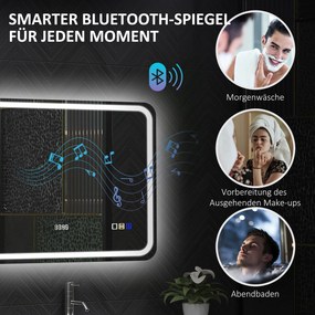 HOMCOM Koupelnové zrcadlo s LED osvětlením, protimlžnou podložkou, 3 nastavitelné barvy, hodiny, 700 x 900 mm, stříbrná barva