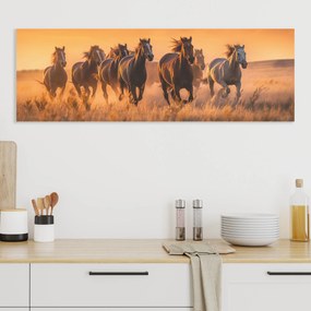 Obraz na plátně - Stádo divokých koní, zlatý západ slunce FeelHappy.cz Velikost obrazu: 150 x 50 cm