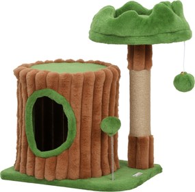 PawHut Škrabadlo 53 cm vysoké, kočičí strom s jeskyní, design kmene stromu, jutové stromy, 2 míčky pro 1-2 kočky do 5 kg, hnědo+zelené