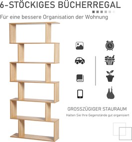 HOMCOM Knižní polička Zigzag v moderním designu 80Š x 23H x 192V cm, 6 úrovní, barva světlého dubu