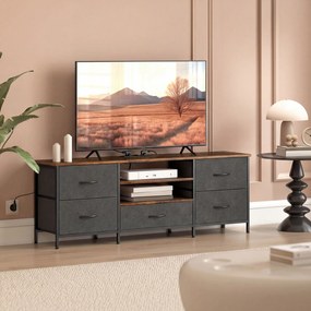 HOMCOM TV nábytek 140 cm, TV stolek 165,1 cm, dokovací stanice, 5 látkových zásuvek, otevřené police, 140x30x50 cm, rustikální hnědá