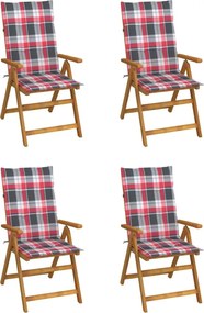 vidaXL Zahradní polohovací židle s poduškami 4 ks masivní akácie [3065354] Barva: Vzor červená kostka