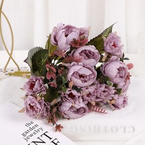 Umělá kytice 9 květů s listy - pivoňka Barva: purpurová