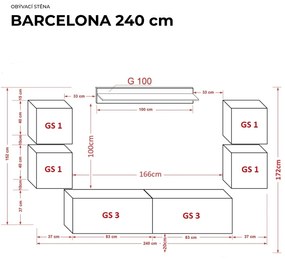 Ral Obývací stěna BARCELONA 2, 240 cm - Bílý lesk