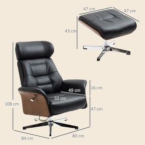 HOMCOM polohovací křeslo s taburetem a funkcí polohování, otočné TV křeslo do 150 kg, umělá kůže černá pro pohodlí a relaxaci | Aosom.de