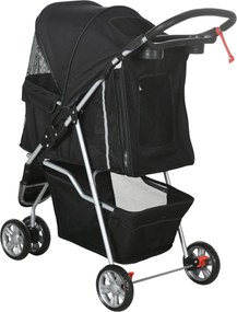 Skládací kočárek PawHut pro psy - kočárek pro malé psy s úložným košíkem, síťovými okny a 2 univerzálními koly, nosnost 15 kg, rozměry 75x45x97 cm, č…