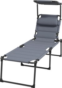 Skládací sluneční lehátko Outsunny s nastavitelnou stříškou a 4 úrovněmi nastavení opěradla pro terasu a bazén 70x200x45 cm Šedé | Aosom