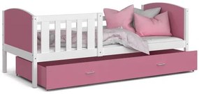 Dětská postel TAMI P 90x200 cm s bílou konstrukcí v růžové barvě se šuplíkem