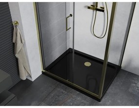 Mexen Apia rozsouvací sprchový kout 90 x 70 cm, Průhledné, Zlatá + sprchová vanička Flat, Černá - 840-090-070-50-00-4070G