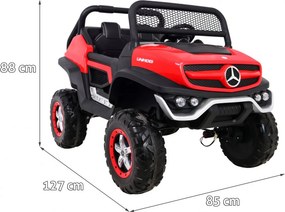 Ramiz Mercedes Benz Unimog elektrické autíčko pro děti červené + pohon 4x4 + dálkové ovládání + nosič zavazadel + pomalý start + MP3 + LED