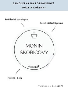 Samolepka na láhev MONIN SKOŘICOVÝ průměr 5 cm – průhledná vinylová, voděodolná, omyvatelná samolepka na dózy, základní písmo
