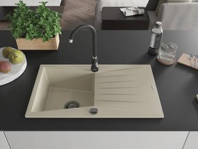 Mexen Cesar, granitový dřez 775x470x190 mm, 1-komorový, béžová s černým sifonem, 6514771010-69-B