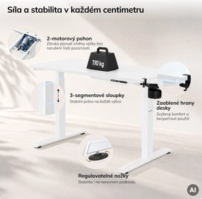 Elektrický stůl s nastavitelnou výškou ergonomický bílý,1200x600 mm: ARIA