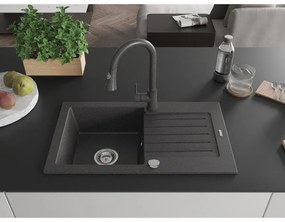 Mexen Pablo, 1-komorový granitový dřez 752x436x161 mm a dřezová baterie Elia, černá skvrnitá, 6510-76-670101-76