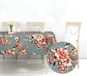 Ervi bavlněný ubrus na stůl obdélníkový - květy na tyrkysovém