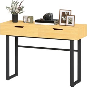HOMCOM Úzký konzolový stolek se 2 zásuvkami, průmyslový kovový rám, přírodní – 110 × 35 × 76,5 cm | Aosom