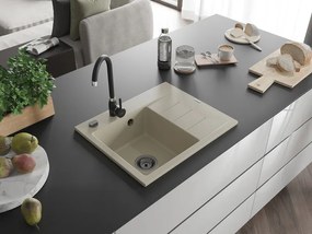Mexen Ben, 1-komorový granitový dřez 600x500x190 mm, levý + černý sifon, béžová, 6522605000-69-B