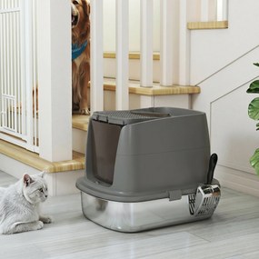 PawHut nerezová krytá kočičí toaleta s víkem — velký vrchní/přední vstup, kovová lopatka a sáček proti zápachu, odolná vůči zápachu, snadné čištění, …