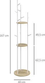 HOMCOM Volně stojící věšák na kabáty - ocelový s 9 háčky a 2 kulatými policemi - Ø 40 x 167 cm přírodní a bílý
