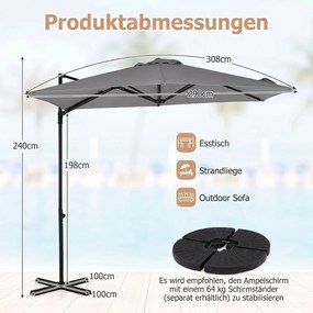 Costway Slunečník 290 cm se stojanem a dvojitou střechou 360° otočný, šedá