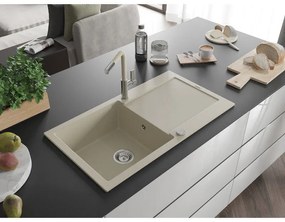 Mexen Leo, 1-komorový granitový dřez 900x500x190 mm a dřezová baterie Flora, béžová, 6501-69-670401-09