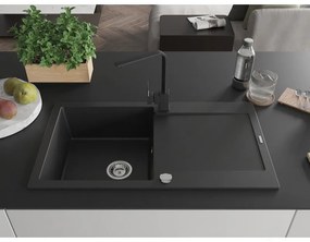 Mexen Leo, dřez granitový 900x500x190 mm, 1-komorový, černá s chromovým sifonem a černá dřezová baterie Rita, 6501-77-670300-70