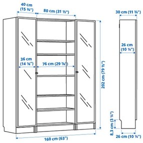 BILLY / HÖGBO Sestava knihoven s proskl. dvířky, černá vzor dub, 160x202 cm