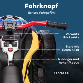 Qaba Elektrické dětské vozidlo, design tříkolky s reverzem, bateriové, MP3 přehrávač, klakson, 2 rychlosti, LED světla, 3-8 let, Žlutá