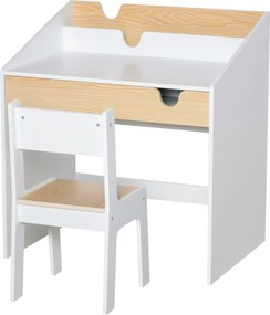 Dětský stůl s židlí HOMCOM pro děti ve věku 3-6 let, 2 v 1, set 2 kusů se šuplíkem a knihovnou 70x50x75 cm, bílá a přírodní | Aosom