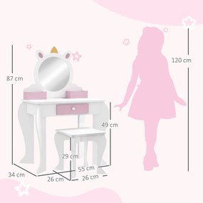 ZONEKIZ dětský toaletní stolek se stoličkou a zrcadlem, toaletní stolek pro dívky se zásuvkou a přihrádkami, design jednorožce, bílý