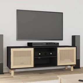 TV stolek černý 105x30x40 cm masivní borovice a přírodní ratan
