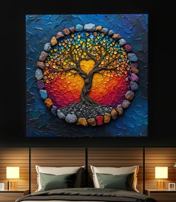 Obraz na plátně - Strom života Sluneční srdce s kamínky FeelHappy.cz Velikost obrazu: 140 x 140 cm