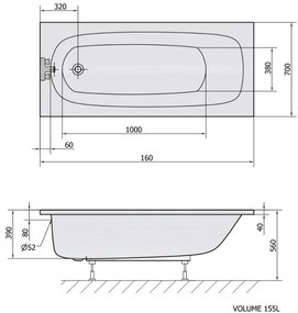Polysan LAURA obdélníková vana s konstrukcí 160x70x39 cm, bílá, 24711