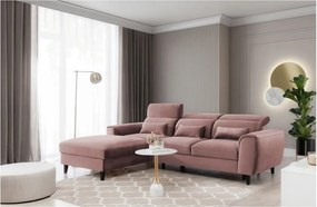 Růžová sametová rozkládací/s úložným prostorem rohová pohovka (levý roh/s lenoškou) Foble – ELTAP