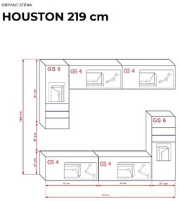 Ral Obývací stěna HOUSTON 7, 219 cm - Bílý lesk