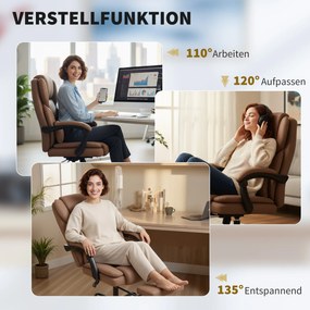 HOMCOM ergonomická kancelářská židle s opěrkou nohou — nastavitelná výška, bederní opora, 360° otáčení, eko-kůže přátelská k mazlíčkům, hnědá
