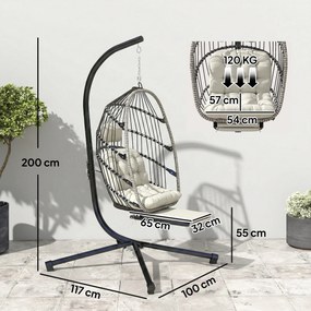 Outsunny závěsné křeslo s rámem, skládací závěsné křeslo s vyklápěcí opěrkou nohou, světle šedá