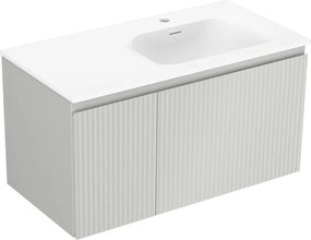 Mexen Rivel, koupelnová skříňka 90 cm s pravým umyvadlem Vela, 1S, 1D, drážkovaná, šedá matná/bílá matná - 91A23-09047-3-BBFF62-W23P01
