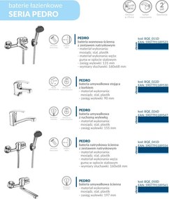 Kuchinox Pedro, nástěnná vanová baterie s ruční sprchovou soupravou, chromová, LAV-BQE_011D