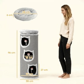 PawHut Škrabadlo pro kočky, 96 cm, 4patrová kočičí věž s pratelnou postýlkou, 3 spací jeskyně, závěsné hračky, pro více koček, šedá