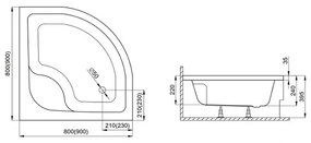 Polimat Čtvrtkruhová akrylátová sprchová vanička Pako 3 80x80 (90x90) Barva: Bílá, Rozměry (cm): 80x80