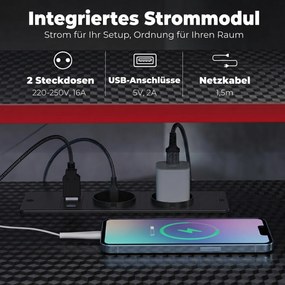 HOMCOM L-tvarovaný počítačový stůl se zásuvkami, 128 cm rohový stůl s držákem monitoru, háčkem na sluchátka a držákem nápojů