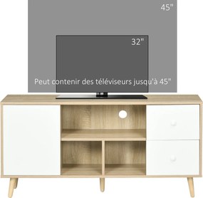 HOMCOM Televizní stolek pro televize do 114 cm se solidními nohami ve skandinávském stylu, 3 police, 1 skříňka se dveřmi a 2 šuplíky 120 x 30 x 60 cm