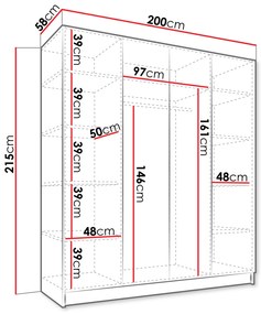 Velká šatní skříň 200 cm se zrcadlem TOSIA 2 - bílá / zlatá