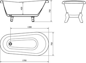 Mexen Retro, volně stojící vana 170 x 75 cm, bílá-černá, bílé nohy, 53251707575-20