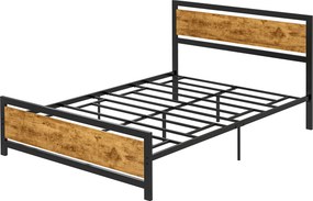 HOMCOM Jednolůžkový rám postele z dřeva a oceli 147x208x103cm, Integrované lamely a čelo v industriálním stylu, Černé a rustikální hnědé
