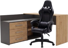 Rohový psací stůl Dany dub Artisan/antracit s herním křeslem Remus černým